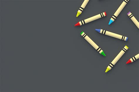 회색 배경에 흩어져있는 왁스 크레용 화려한 연필 학교 개념으로 돌아 가기 유치원 교육 상단 보기 공간을 복사합니다 3d 렌더링 3차원 형태에 대한 스톡 사진 및 기타 이미지