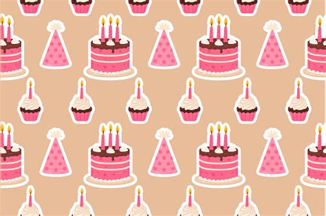 베이지 색 배경에 분홍색 생일 케이크 파티 모자 컵 케이크가있는 완벽한 패턴입니다 파티 초대장 디지털 스크랩북 축제 장식에 적합합니다 공휴일에 대한 스톡 벡터 아트 및 기타