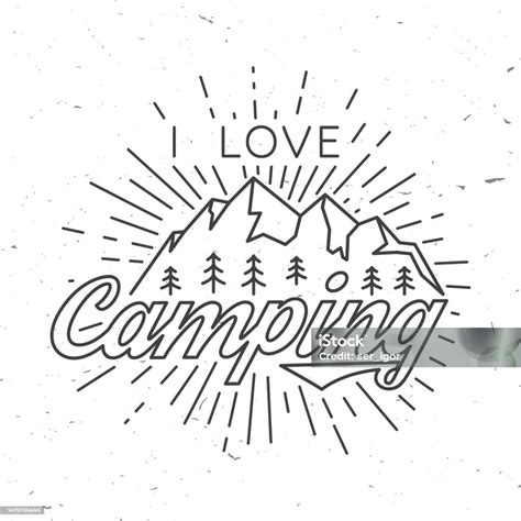 저는 캠핑을 좋아합니다 벡터 일러스트레이션 셔츠 또는 로고 인쇄 우표 또는 티에 대한 개념 빈티지 라인 아트 타이포그래피 디자인으로 선버스트 숲 및 산 실루엣이 있습니다