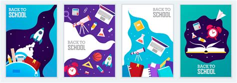 학교 배너로 돌아갑니다 배너 포스터 전단지 표지 초대장 브로셔에 대한 다채로운 템플릿 세트 벡터 만화 그림입니다 학교 디자인으로 돌아갑니다 우주에서 로켓 주당순절 10