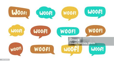 말풍선 풍선 세트에 있는 우프 텍스트 디지털 스티커 디자인 귀여운 만화 만화 개 짖는 소리 효과와 글자 질감 벡터 그림입니다 Onomatopoeia에 대한 스톡 벡터 아트