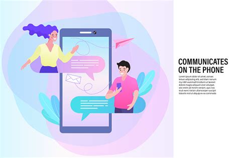 휴대 전화에서 커플 채팅 소녀는 전화로 통신합니다 온라인 채팅 남자와 여자 만화 남자와 여자 플랫 벡터 설계 Brand Name