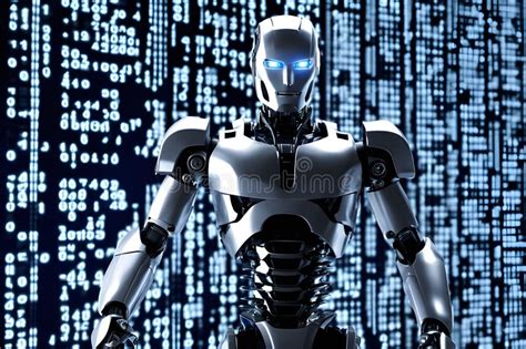 Futuristic Humanoid Robot With Glowing Eyes Against A Streaming Binary Code Perfect For