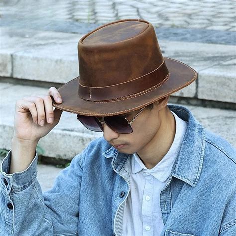 Vintage Brown Leather Fedora Hat For Men On Luulla