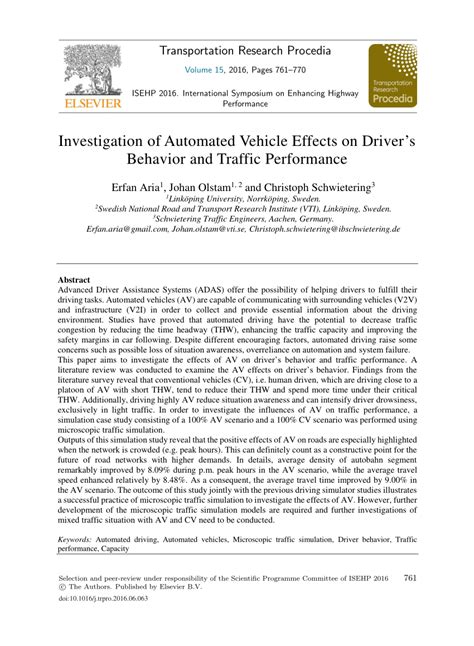 Pdf Investigation Of Automated Vehicle Effects On Drivers Behavior And Traffic Performance