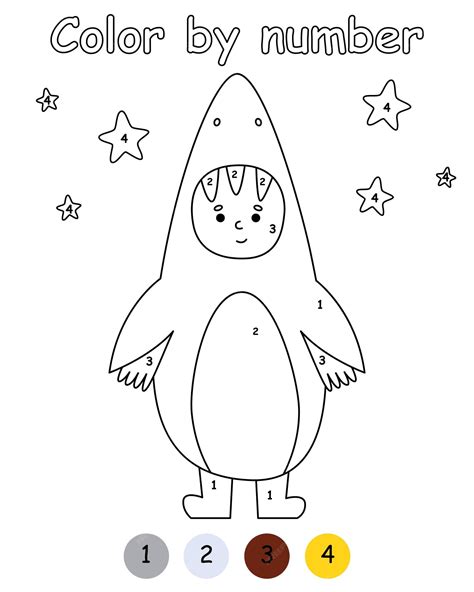 아이들을위한 숫자 게임으로 색칠하기 의상 백상어 할로윈 파티 어린이 학교 및 유치원을위한 솔루션이있는 인쇄 가능한 워크 시트 학습 숫자 활동 프리미엄 벡터