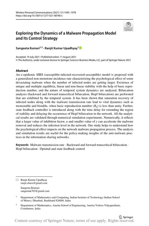 Exploring The Dynamics Of A Malware Propagation Model And Its Control Strategy Request Pdf