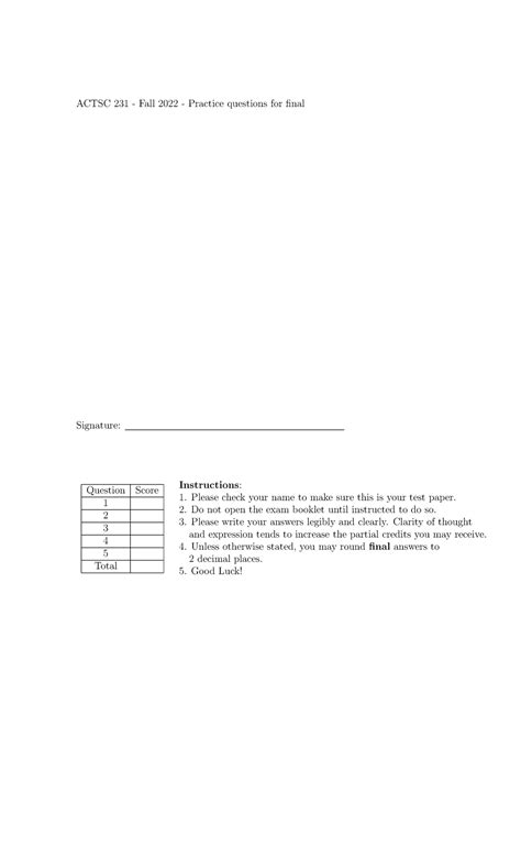 Tutorial Final Exam Preparation Questions ACTSC Fall Practice Questions For