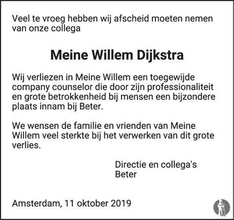 Meine Willem Dijkstra 11 10 2019 Overlijdensbericht En Condoleances Mensenlinq Nl