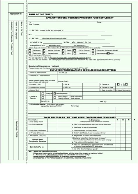 Application Form Towards Provident Fund Settlement Printable Pdf Download