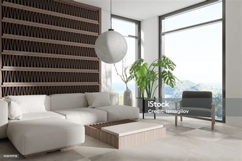 파노라마 창문 근처에 소파와 안락 의자가있는 흰색 거실 인테리어 0명에 대한 스톡 사진 및 기타 이미지 0명 3차원 형태 가정의 방 Istock