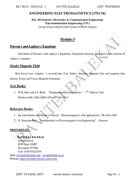Engineering Electromagnetics Vtu Module 3 Raviteja Balekai Pdf Magnetic Field Flux