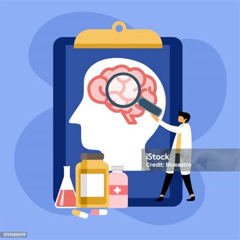 평평한 디자인의 인간 뇌 질환 치료를 가진 의사 신경 질환 진단 파킨슨 병 또는 뇌암 위험 건강 검진에 대한 스톡 벡터 아트 및
