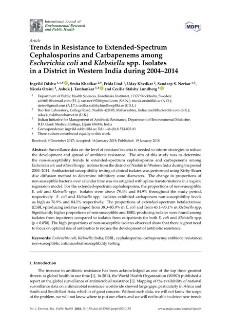 Pdf Trends In Resistance To Extended Spectrum Cephalosporins And Carbapenems Among Escherichia