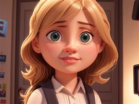 A Young Girl With Blonde Hair And Blue Eyes Standing In Front Of A