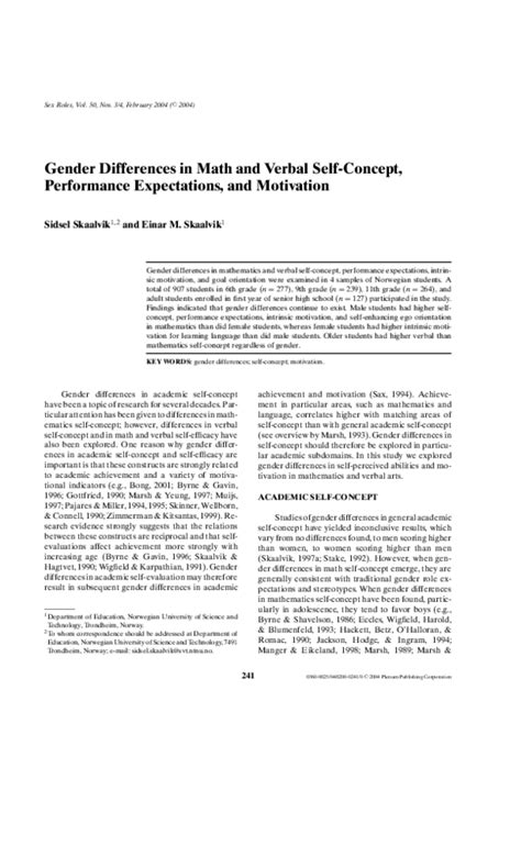 Pdf Gender Differences In Math And Verbal Self Concept Performance