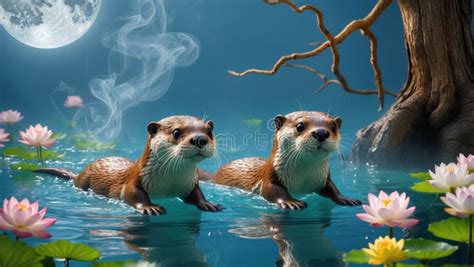 Two Adorable Otters Playing In A Moonlit Lotus Pond At Night Stock