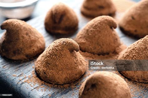 나무 스탠드에 코코아 파우더와 호두를 뿌린 맛있는 초콜릿 트러플 어두운 콘크리트 배경입니다 0명에 대한 스톡 사진 및 기타 이미지 Istock