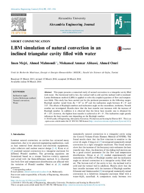 Pdf Lbm Simulation Of Natural Convection In An Inclined Triangular Cavity Filled With Water
