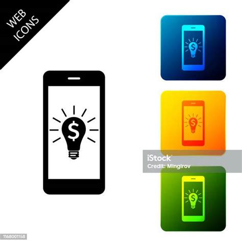 흰색 배경에 격리 된 스마트 폰 화면 아이콘에 달러와 비즈니스 전구 사용자 터치 스크린 설정 아이콘 다채로운 사각형 버튼 벡터 일러스트레이션 개념에 대한 스톡 벡터 아트 및