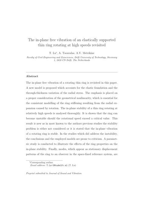 Pdf The In Plane Free Vibration Of An Elastically Supported Thin Ring Rotating At High Speeds