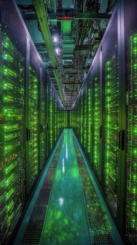 A Vibrant Data Center Corridor Filled With Illuminated Server Racks During Nighttime Hours Stock