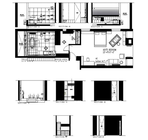 Detail Bedroom Plan And Section 2d View Layout Autocad File