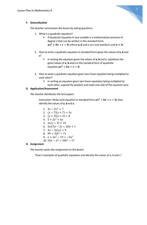 Lesson Plan In Mathematics 9 Illustrations Of Quadratic Equations Pdf