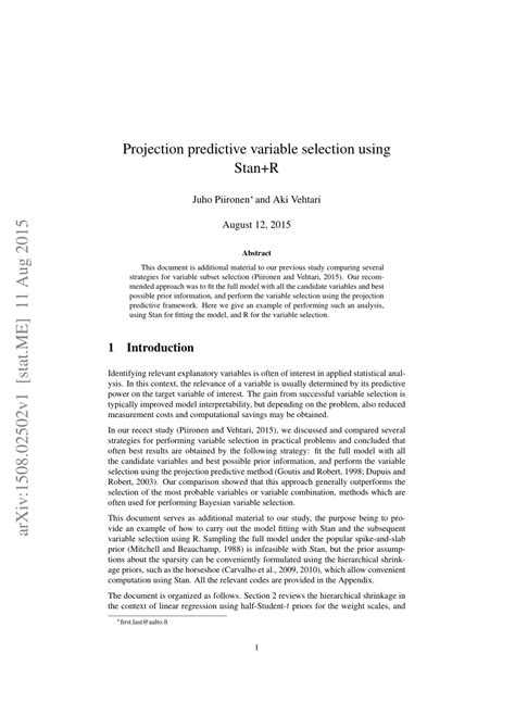 pdf projection predictive variable selection using stan r