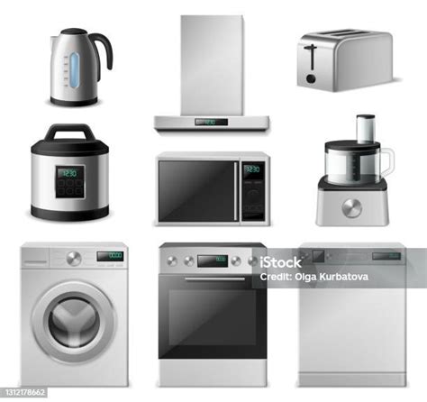 3d 주방 기기 현실적인 금속 가정용 전기 기계 강철 색 세탁기 폐쇄 식기 세척기 밥솥 후드 토스터 및 주전자 멀티 쿠커 및 주스기 벡터 세트 3차원 형태에 대한 스톡 벡터