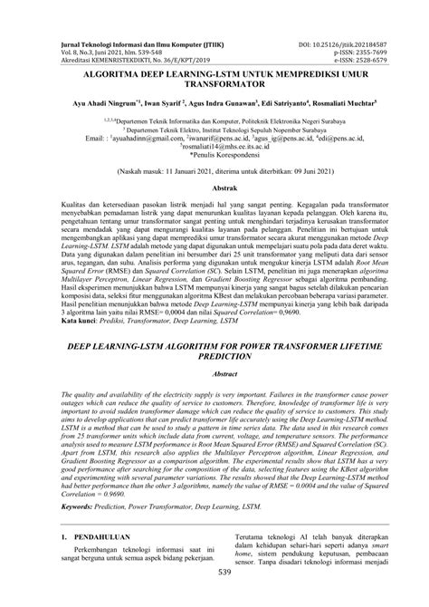 Pdf Algoritma Deep Learning Lstm Untuk Memprediksi Umur Transformator