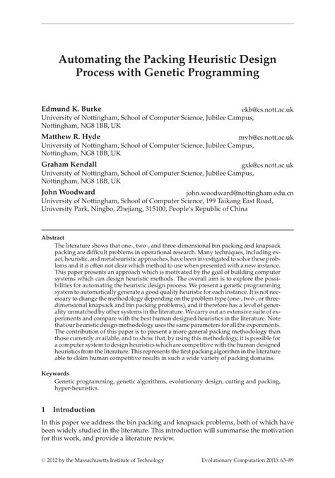pdf automating the packing heuristic design process with genetic programming