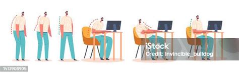 척추 기형 척추 측만증 및 척추 백본 곡률 개념 책상에 서서 앉아있는 남성 캐릭터 등에 대한 스톡 벡터 아트 및 기타 이미지 등 아픔 개념 Istock