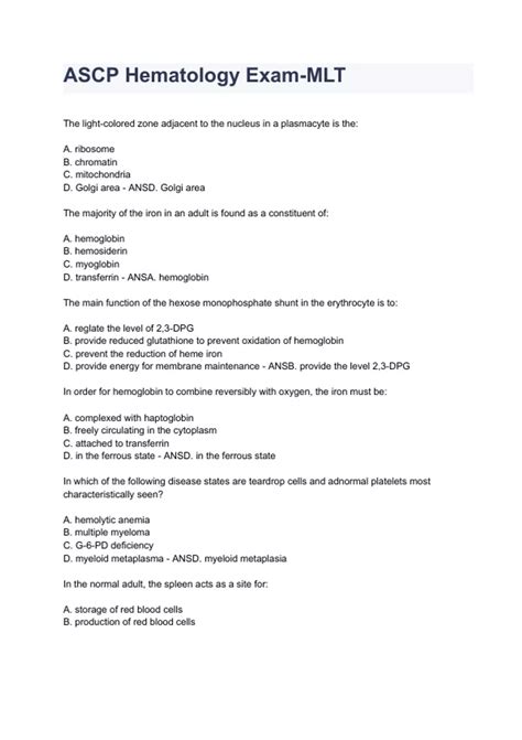 Ascp Hematology Exam Mlt 20242025 Already Graded A Ascp Hematology