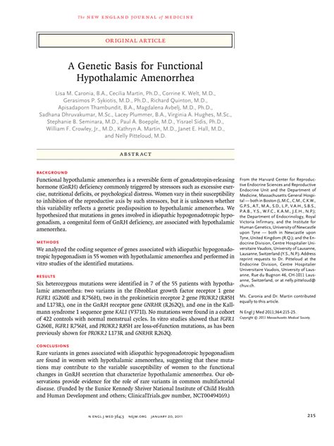 Pdf A Genetic Basis For Functional Hypothalamic Amenorrhea