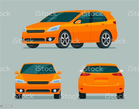 오렌지 해치백 자동차 3 각 세트 측면 후면 및 전면 보기가있는 자동차 벡터 플랫 스타일 일러스트레이션 차에 대한 스톡 벡터 아트 및 기타 이미지 Istock