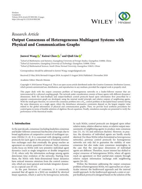 Pdf Output Consensus Of Heterogeneous Multiagent Systems With