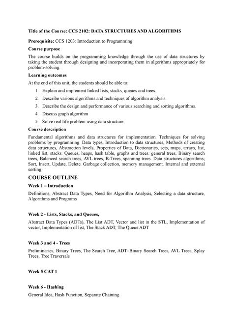 Ccs 2102 Data Structures And Algorithm Courseoutline Title Of The