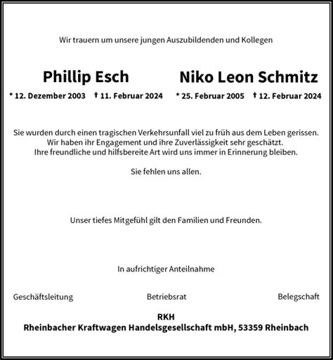 Traueranzeigen Von Phillip Esch Ga Trauer De