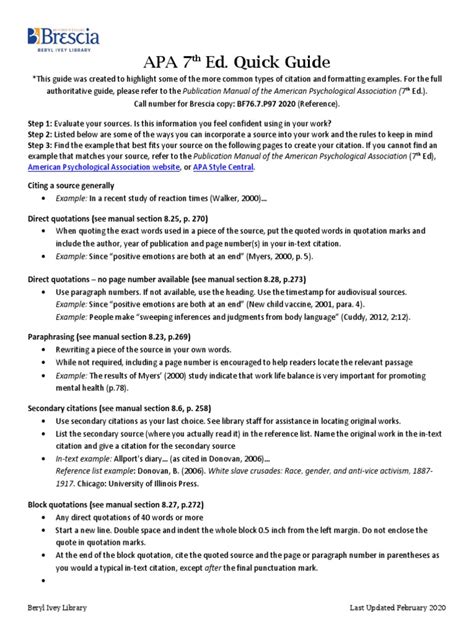 Apa 7 Ed Quick Guide American Psychological Association Website Apa Style Central Pdf