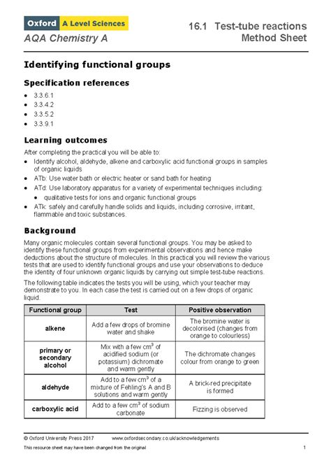 L Identify Functional Groups TASK Test Tube Reactions AQA Chemistry A Method Sheet