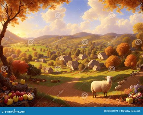Autumn Countryside Landscape With Sheeps Generative Ai Illustration Stock Illustration