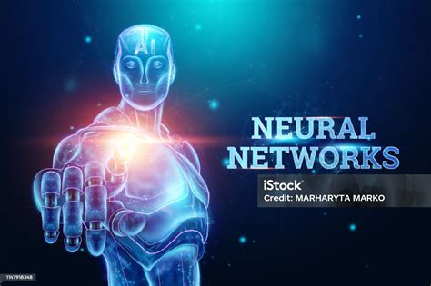 파란색 배경 비문 신경 네트워크에 사이보그 로봇의 블루 홀로그램 개념 로봇 인공 지능 산업 혁명 40 3d 그림 3d 렌더링 3차원 형태에 대한 스톡 사진 및 기타 이미지