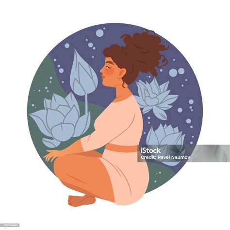 로터스 포즈에서 명상하는 여성 요가와 호흡 운동 만화 벡터 일러스트를 연습하는 젊은 여성의 측면 보기 건강한 생활방식에 대한 스톡 벡터 아트 및 기타 이미지 Istock