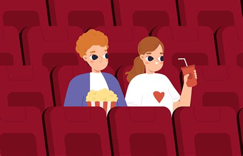 영화관에서 커플 영화관 데이트 여자친구와 함께 있는 소년은 빨간 자리에 앉아 영화를 본다 사람들 주말 십대 엔터테인먼트 아늑한 벡터 장면 영화에 대한 스톡 벡터 아트 및