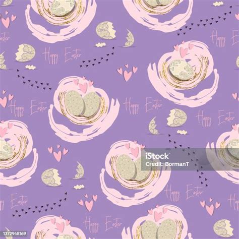 벡터 해피 부활절 원활한 패턴 깨진 달걀 해치 된 Chickon 핑크 텍스처 배경 고립 된 벡터 손 그려진 행복 부활절 인사말 카드 갈색에 대한 스톡 벡터 아트 및 기타