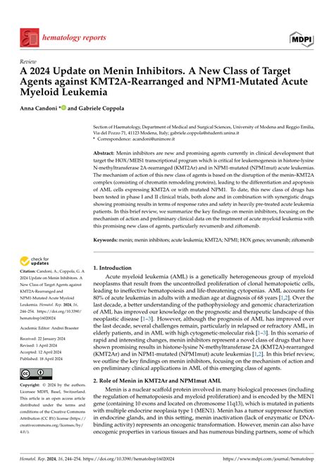 Pdf A 2024 Update On Menin Inhibitors A New Class Of Target Agents Against Kmt2a Rearranged