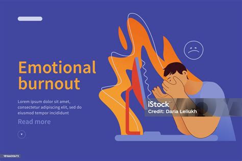 정서적 번아웃 증후군 웹 사이트 개념입니다 스트레스를 받는 남자 불행한 이모티콘 사무실 책상 배경에 불 좌절한 노동자 정신 장애 현대 벡터 평면 그림 정신적 스트레스에 대한