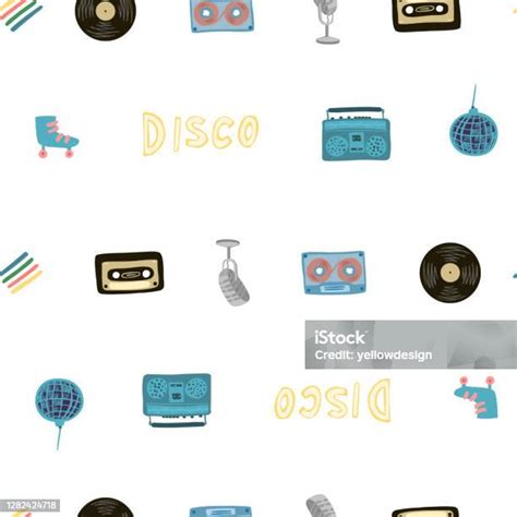 디스코 볼 마이크 롤러 카세트 테이프 레코더 비닐 레코드 낙서 원활한 고립 된 패턴 파란색과 노란색 색상의 다채로운 밝은 장식 1960 1969 년에 대한 스톡 벡터 아트
