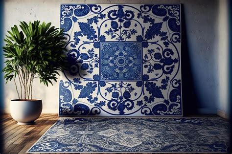 타일 바닥 고대 벽지 남색 및 파란색 세라믹 바닥에 활기찬 Azulejos 섬유 구식 그림 아름다운 인테리어를 덮고 있는 멕시코 구세계 모자이크 벽에 인쇄 프리미엄 사진